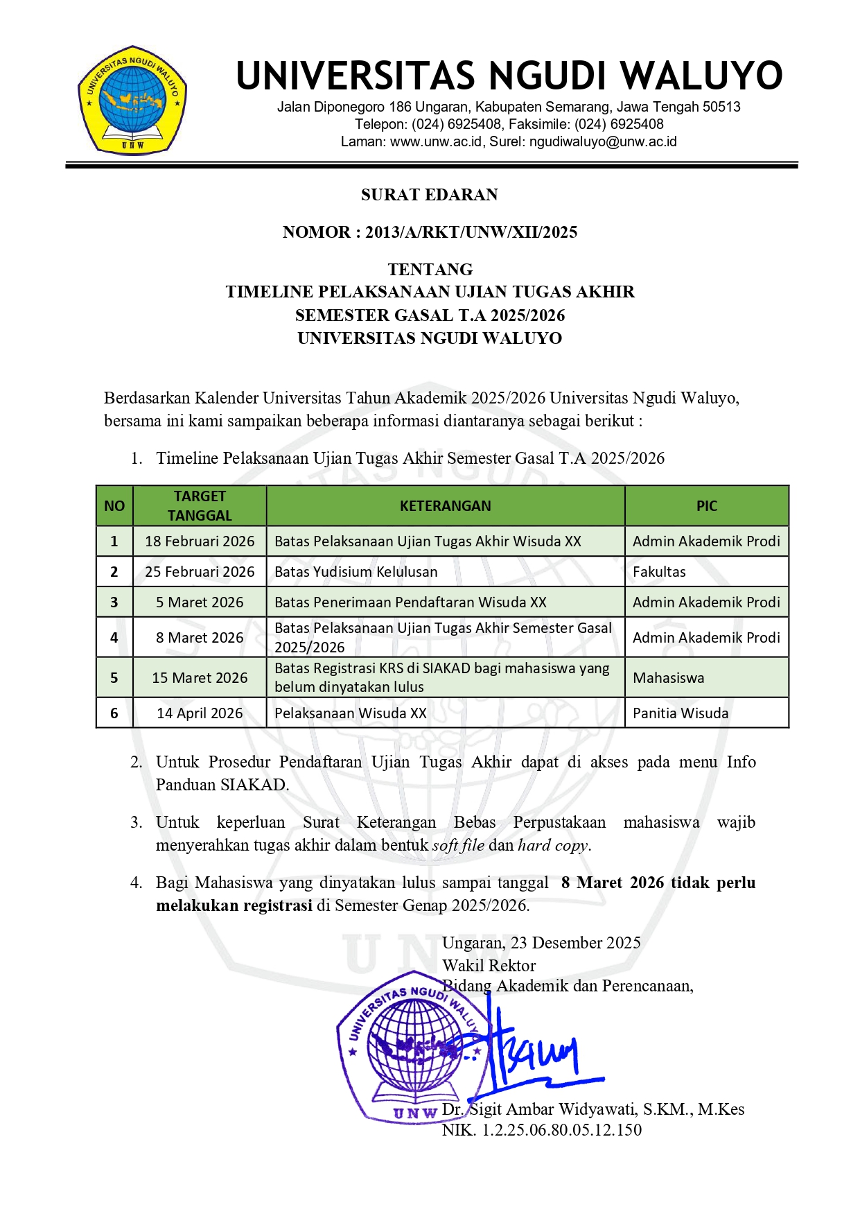 SURAT EDARAN TIMELINE PELAKSANAAN UJIAN TUGAS AKHIR SEMESTER GASAL T.A ...